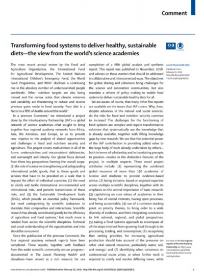 Transforming food systems to deliver healthy, sustainable diets—the ...