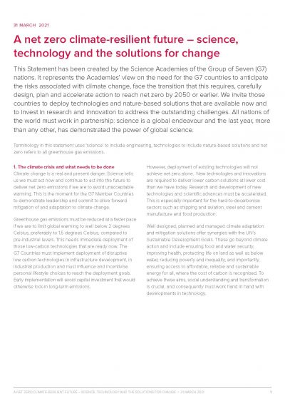 A net zero climate-resilient future – science, technology and the ...