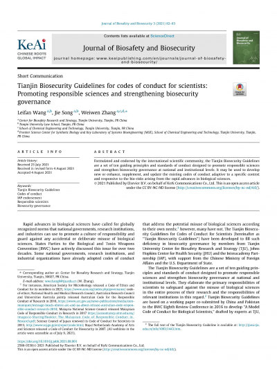 Tianjin Biosecurity Guidelines for codes of conduct for scientists ...