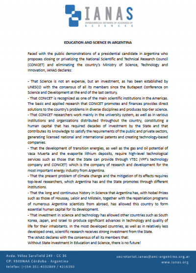 IANAS Statement - Education and Science in Argentina