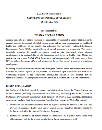 Nature for sustainable development - Dhaka Declaration